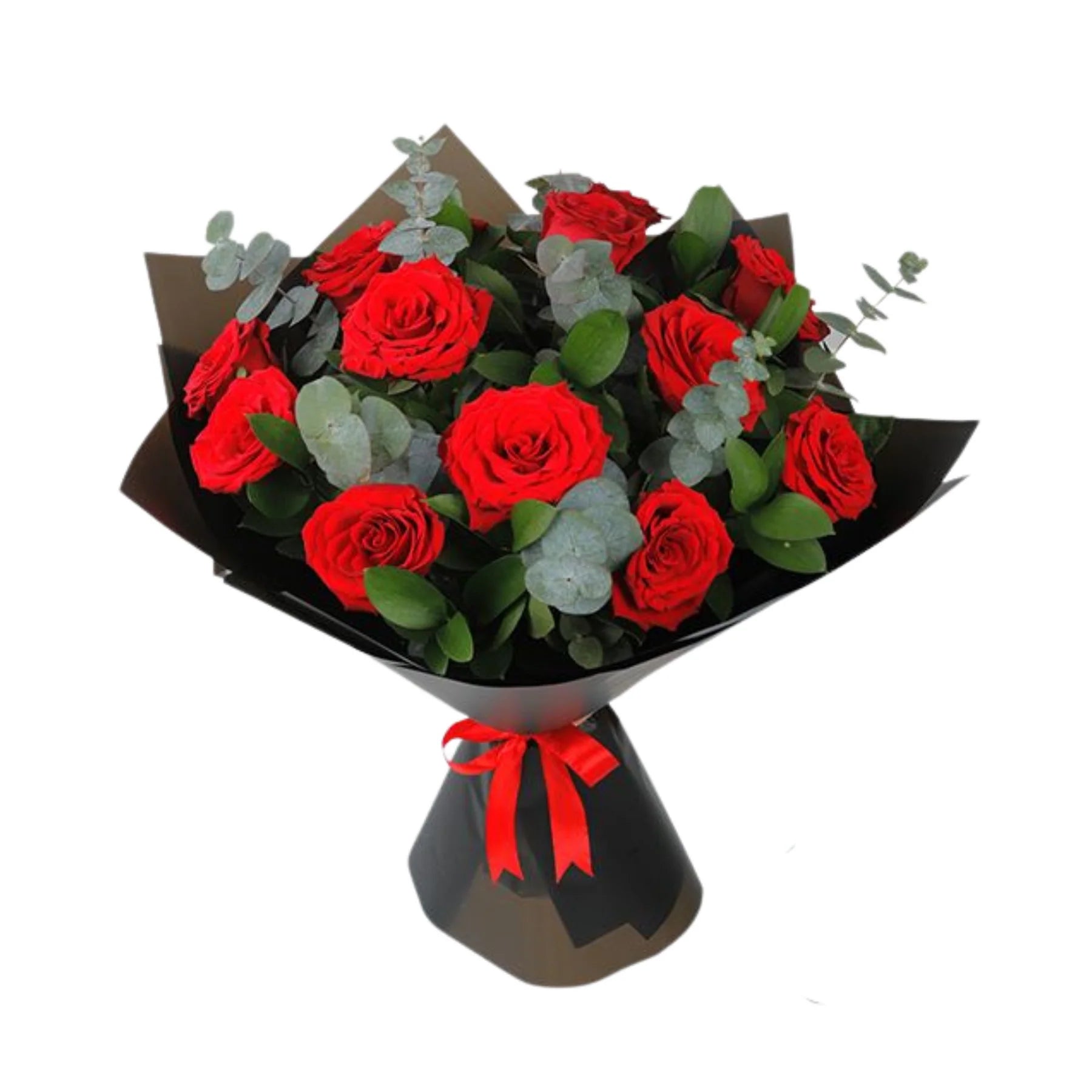 12 Red Rose Bouquet with Eucalyptus | Online Cheap Flower Delivery